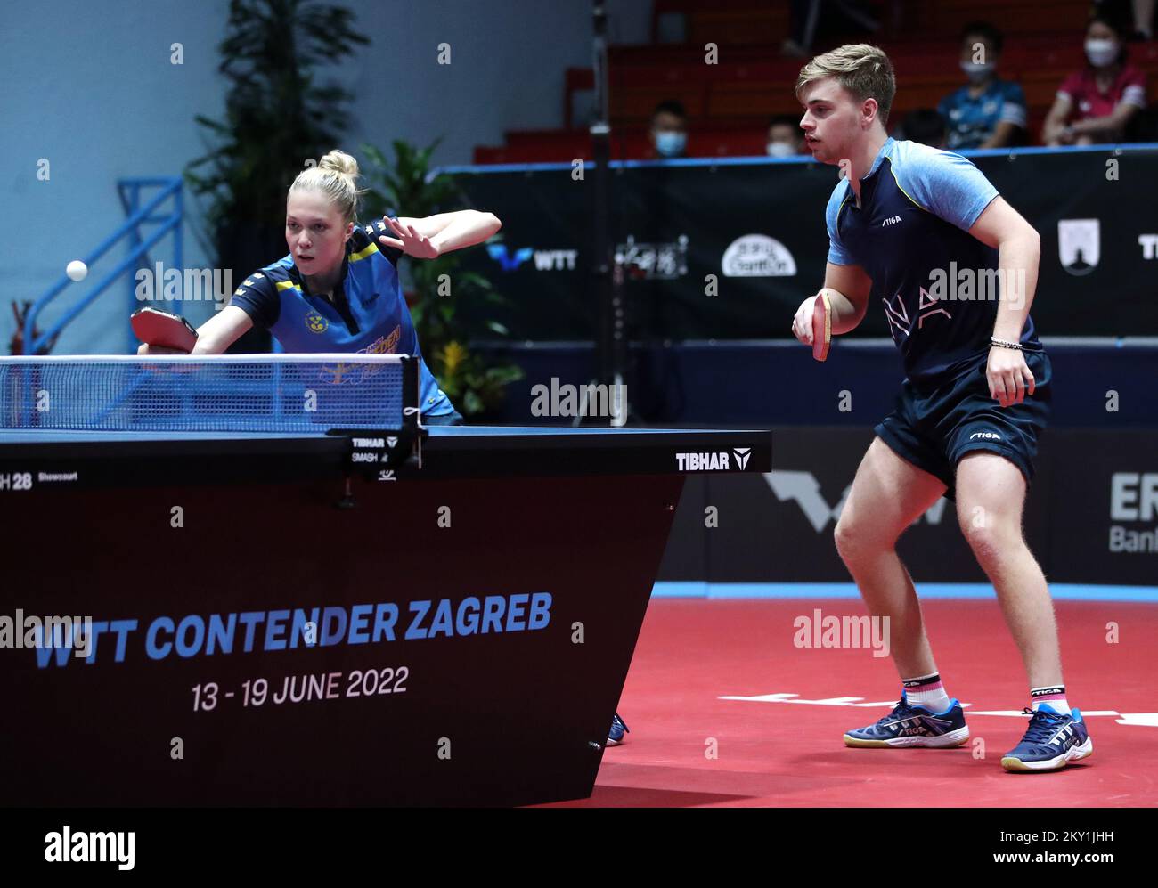 Christina Kallberg and Truls Moregardh of Sweden in action against Jang ...