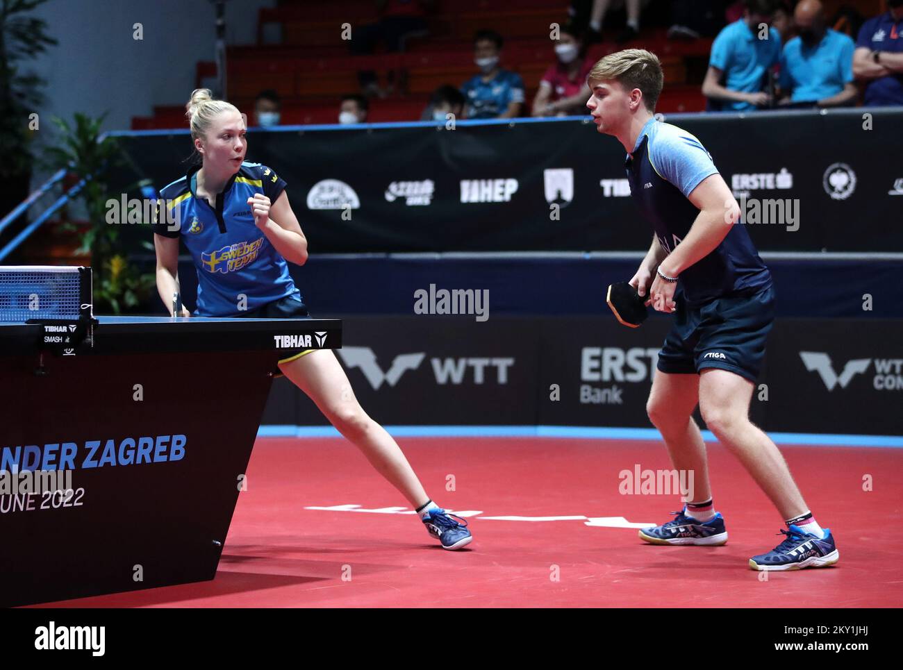 Christina Kallberg and Truls Moregardh of Sweden in action against Jang ...