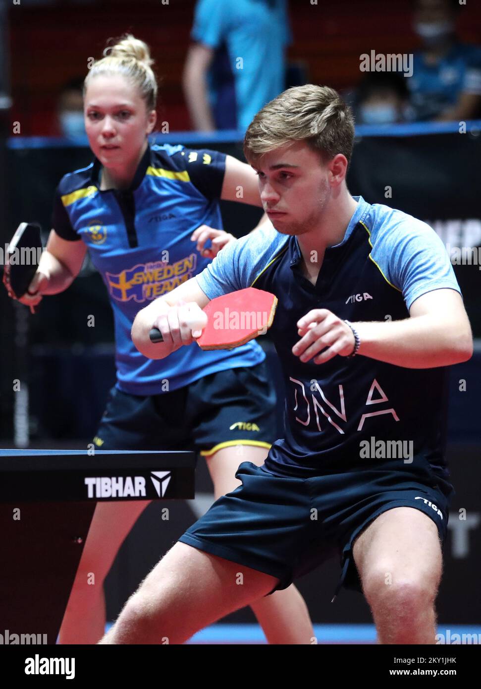 Christina Kallberg and Truls Moregardh of Sweden in action against Jang ...