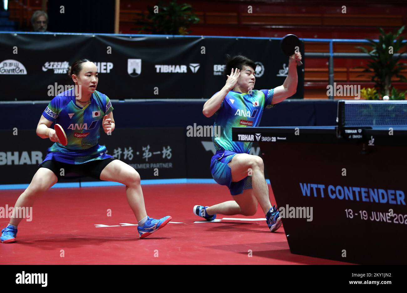 Mima Ito and Yukiya Uda of Japan in action against Chih-Yuan Chuang and Szu-Yu Chen of Taiwan ...
