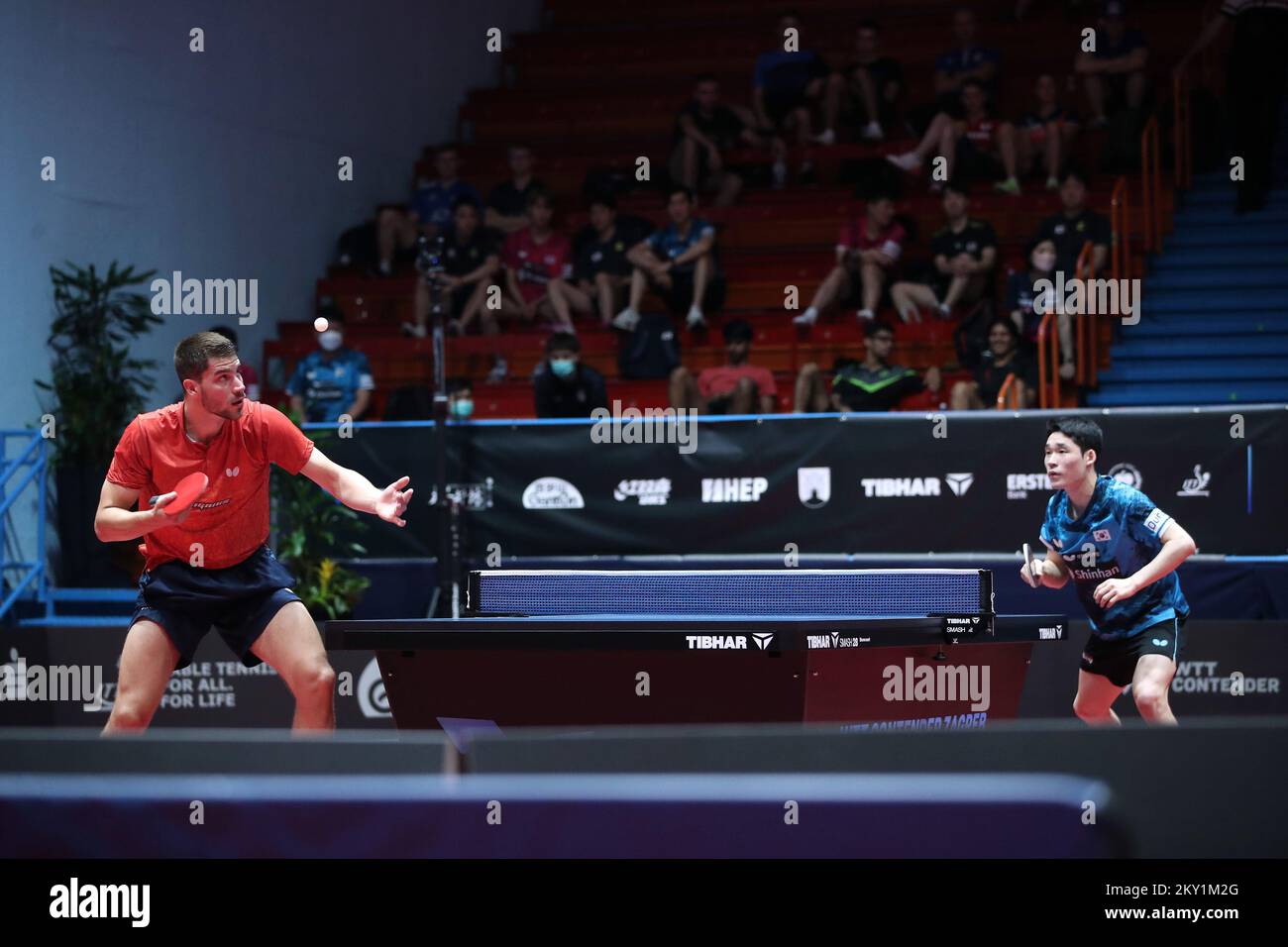 Patrick Franziska of Germany and Jang Woo-jin of South Korea during WTT ...