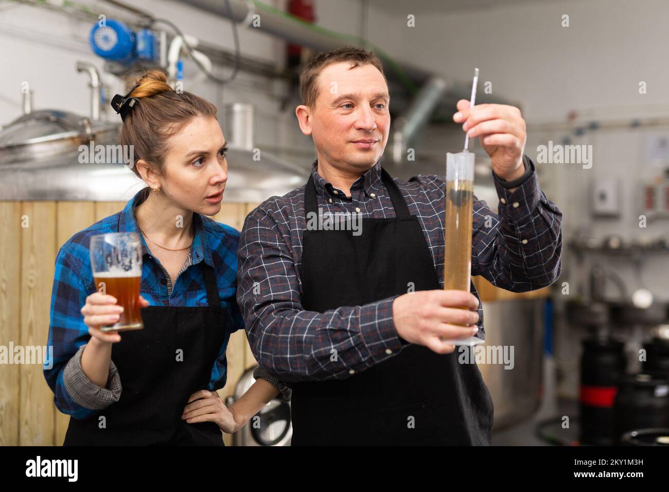 Woman and a man check the amount of alcohol in beer at private brewery ...
