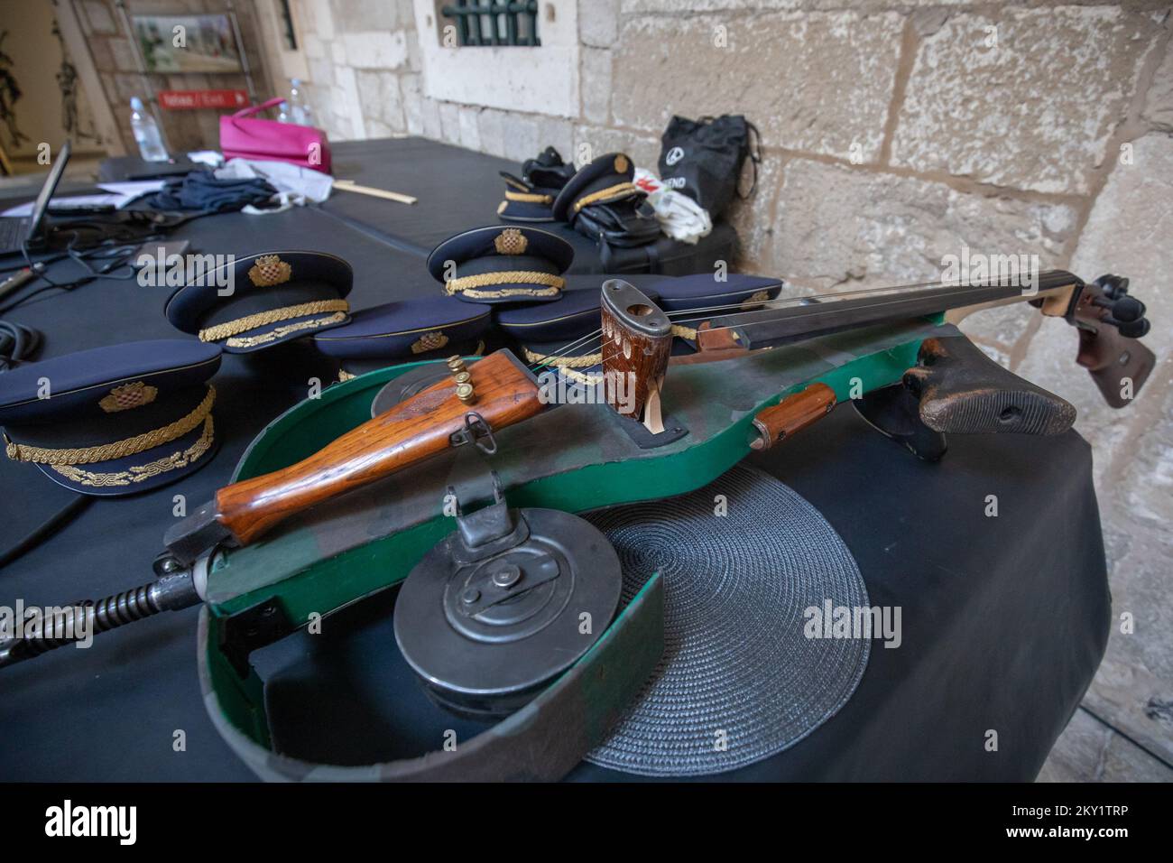 Cellist Ana Rucner playing cello made from weapons in Rector's Palace ...