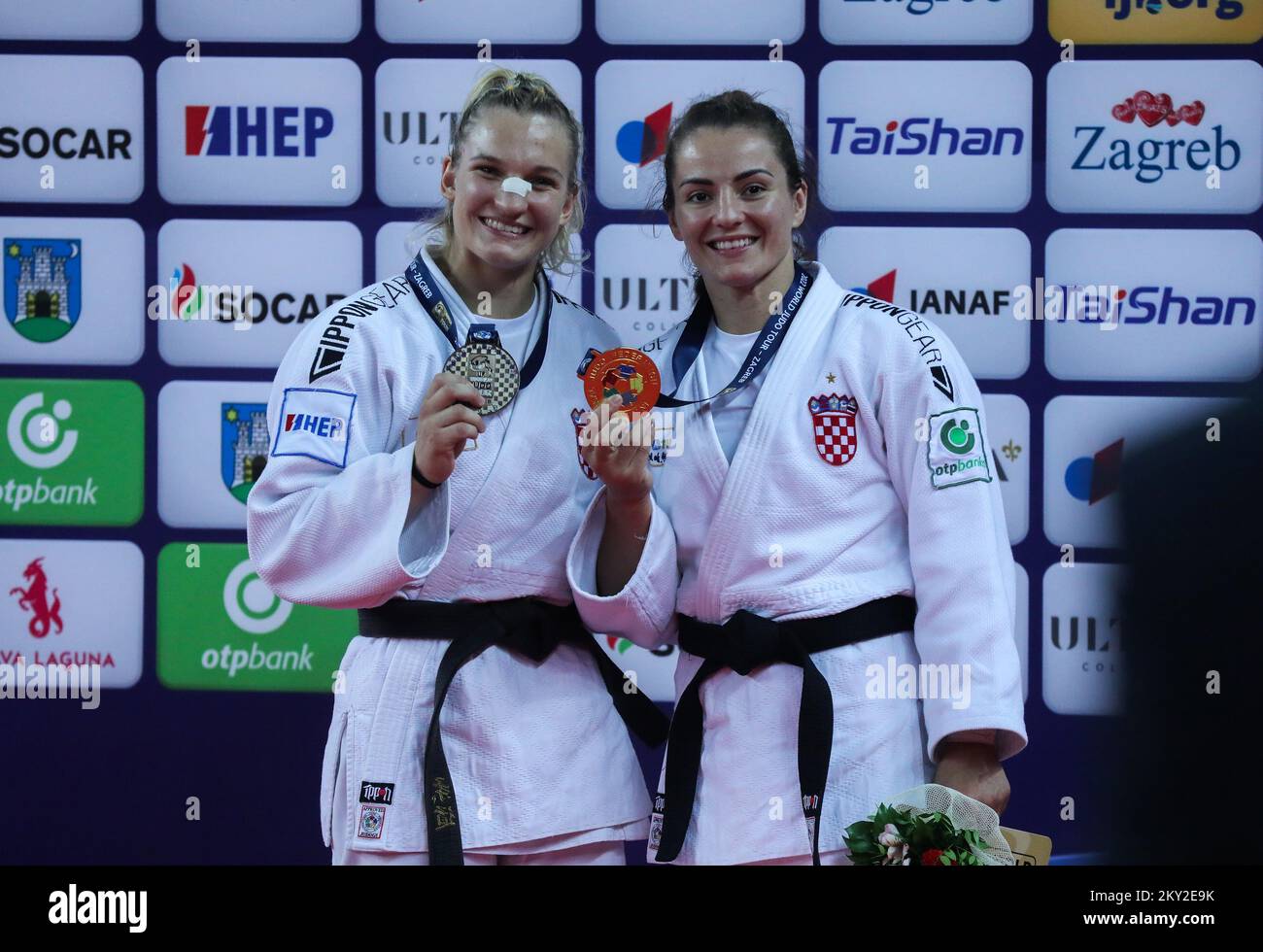 Lara Cvjetko of Croatia with a bronze medal and Barbara Matic of ...