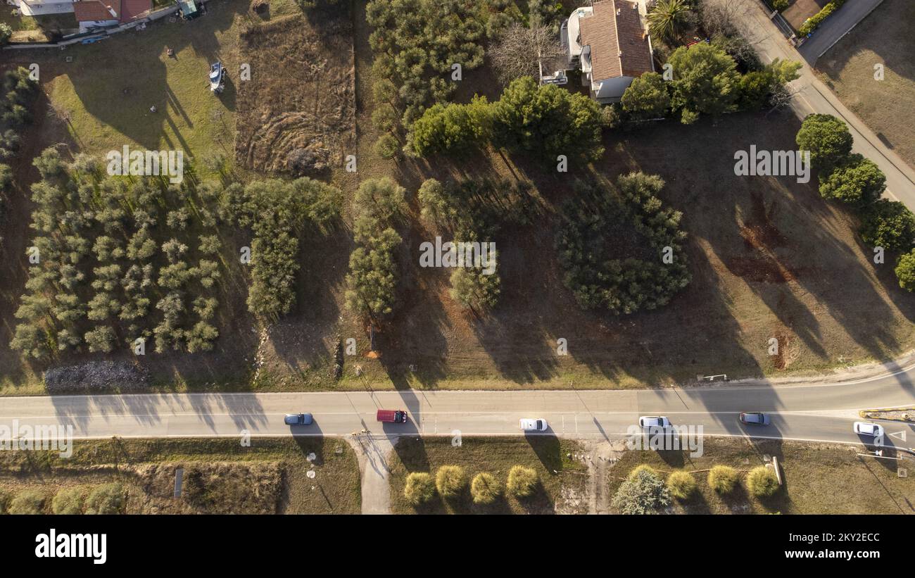 Aerial view of an olive grove where 88 trees are planted to form the ...