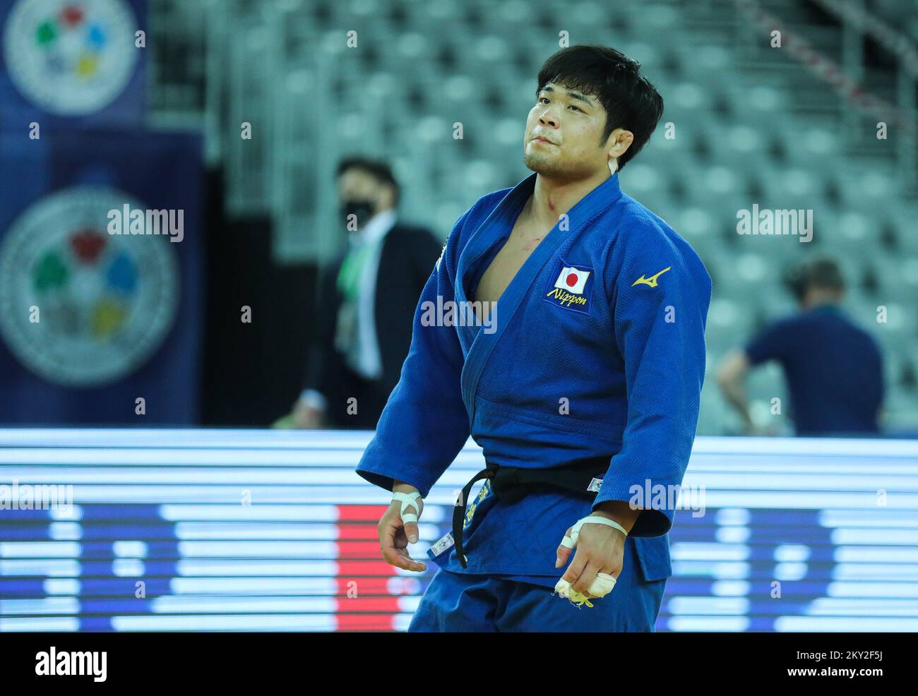 Kenta Nagasawa of Japan after winning bronze in the category of men up ...