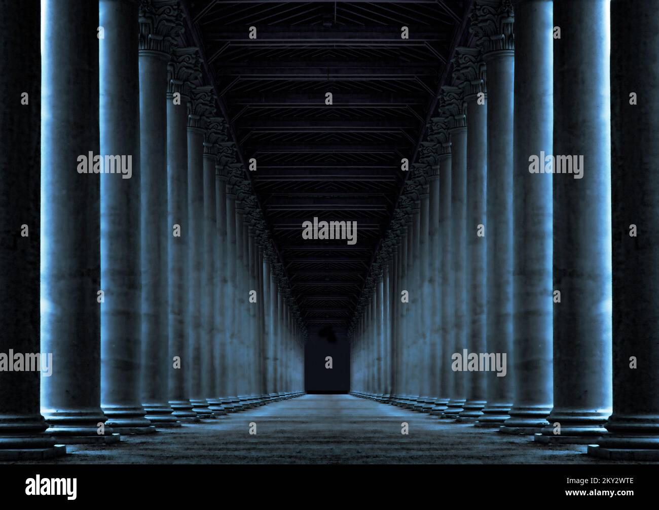 Dark passageway with pillars at nighttime Stock Photo - Alamy