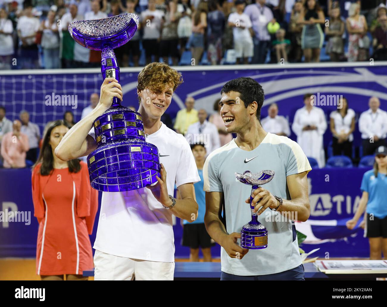 UMAG, CROATIA - JULY 31: Jannik Sinner of Italy and Carlos Alcaraz of ...