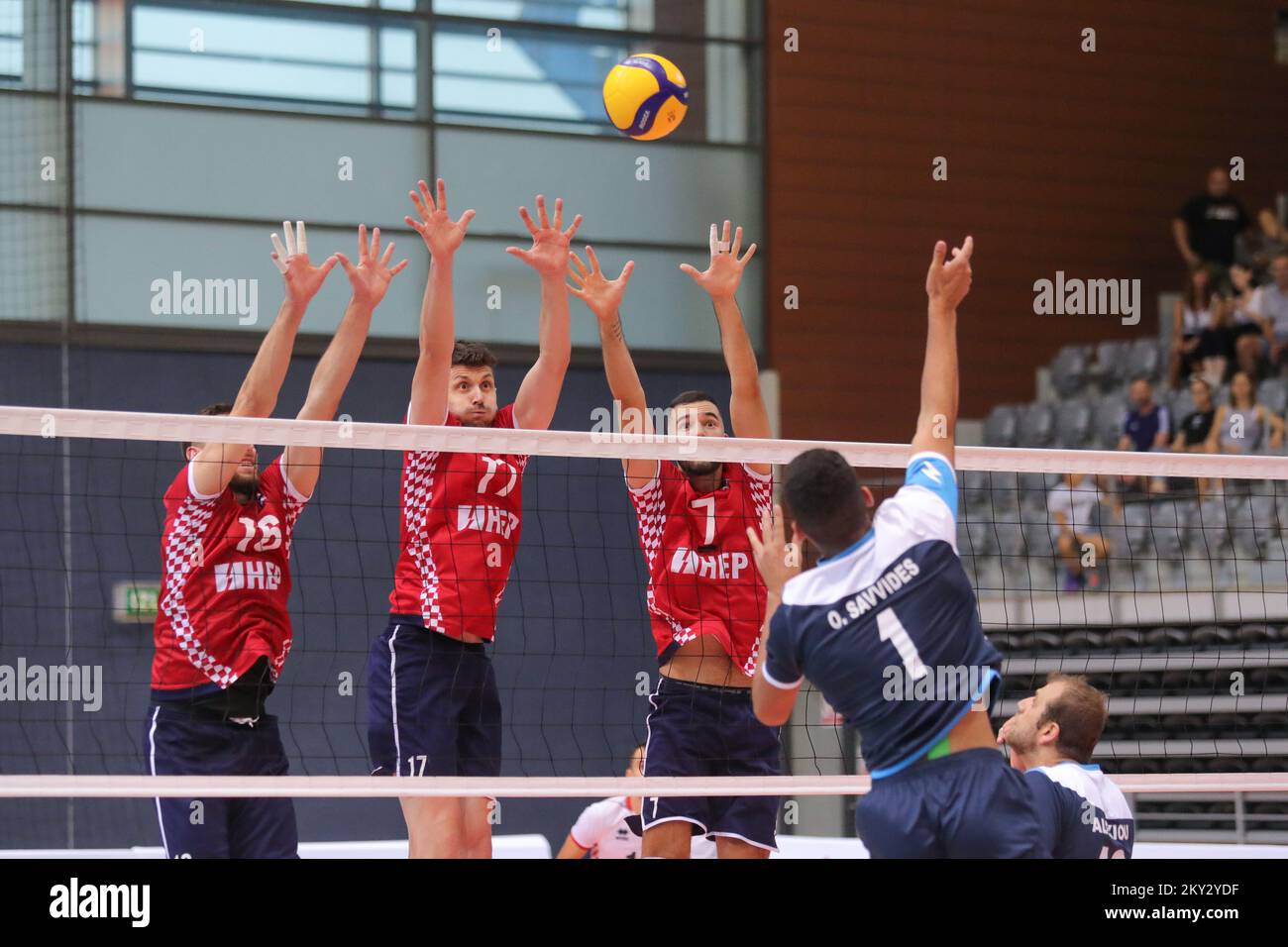 OSIJEK, CROATIA - AUGUST 03: Leo Andric, Ivan Mihalj and Marko Sedlacek ...