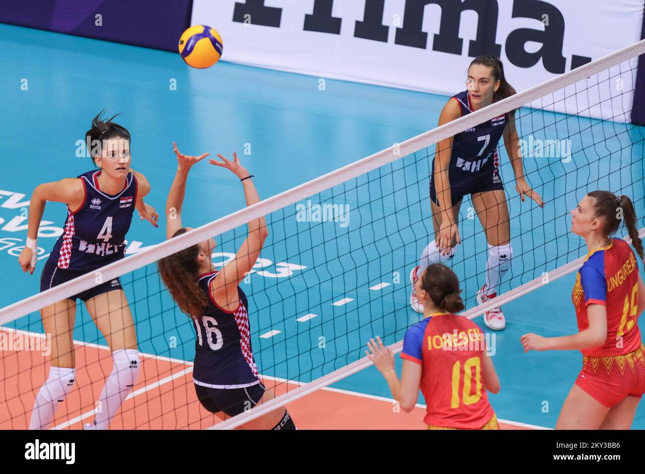 Lea Deak of Croatia sets the ball for a teammate Bozana Butigan during ...