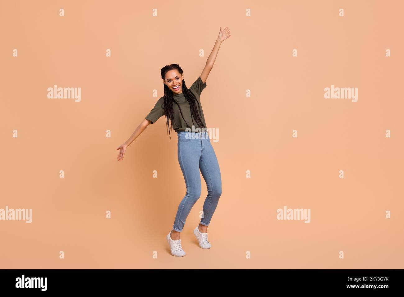 Full size photo of cheerful charming girl dancing chilling good mood ...