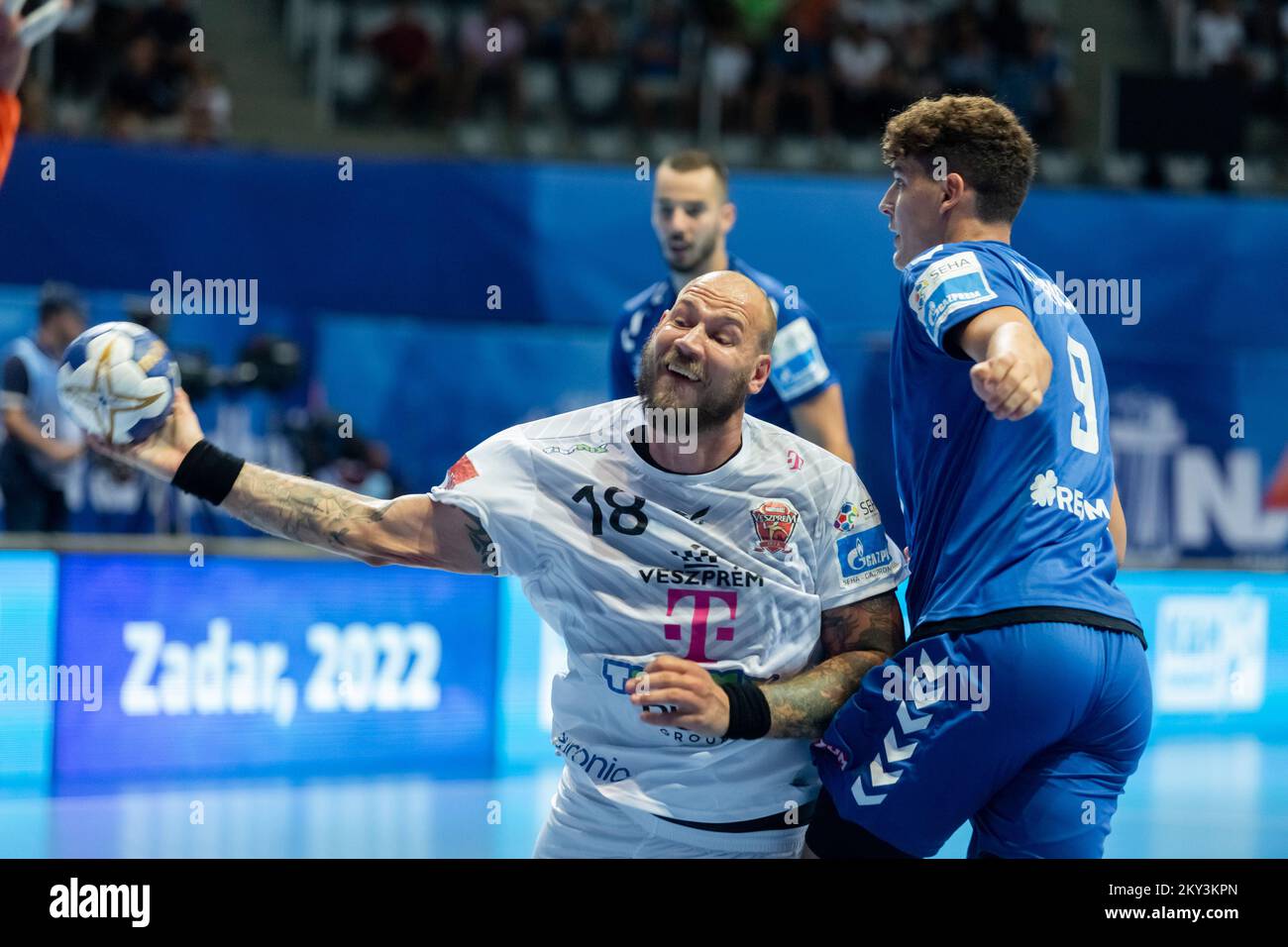 Andreas Nilsson of Veszprem and Luka Lovre Klarica og PPD Zagreb during ...