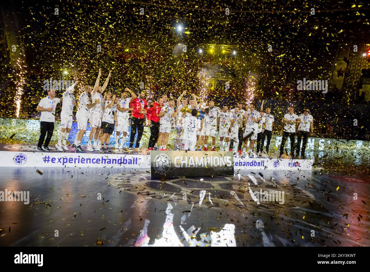 Players of Telekom Veszprem receive trophy for first place at the SEHA ...
