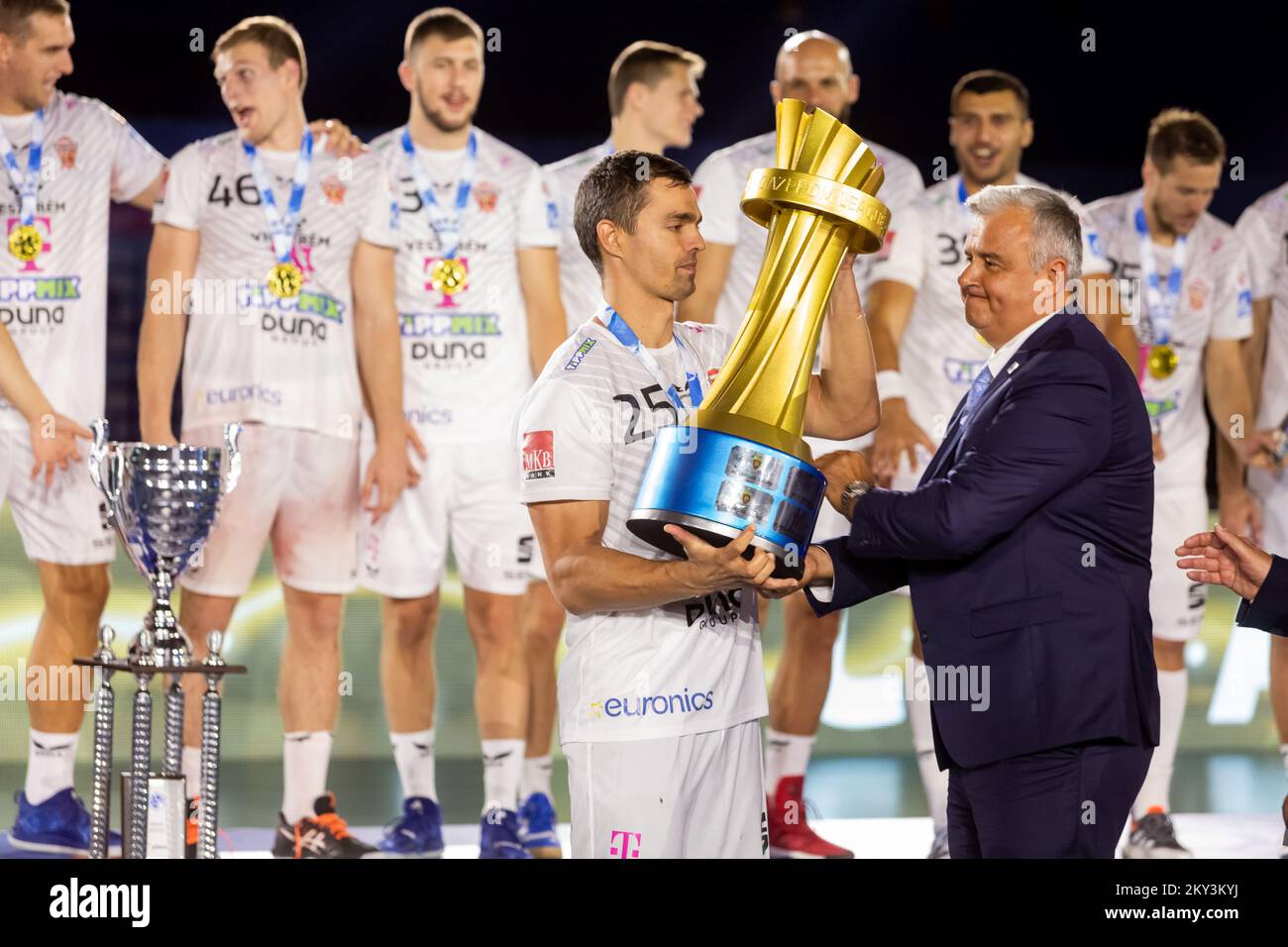 Players of Telekom Veszprem receive trophy for first place at the SEHA ...