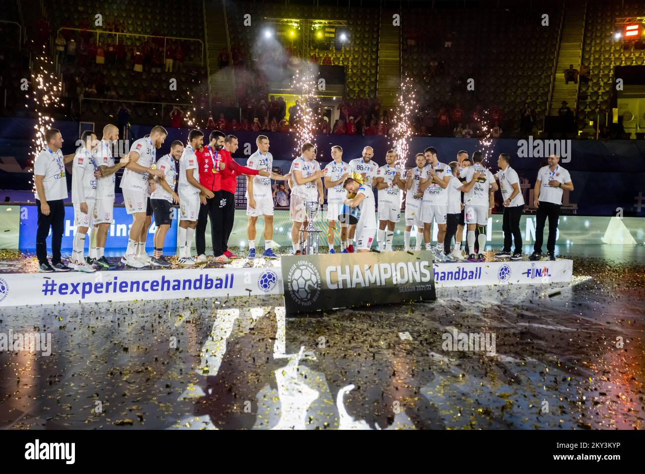 Players of Telekom Veszprem receive trophy for first place at the SEHA ...
