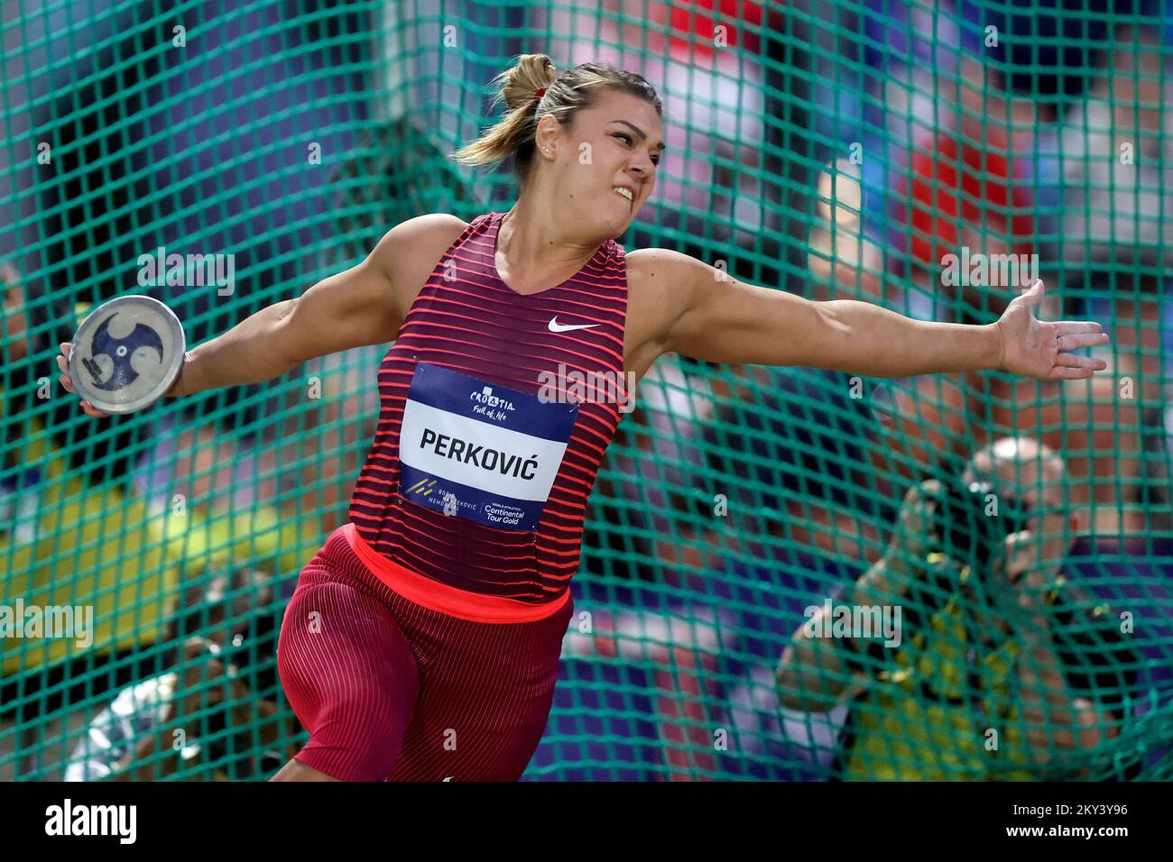 ZAGREB, CROATIA - SEPTEMBER 11: Sandra Perkovic of Croatia competes in ...