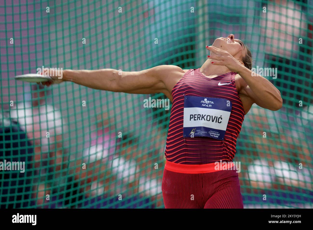ZAGREB, CROATIA - SEPTEMBER 11: Sandra Perkovic of Croatia competes in ...