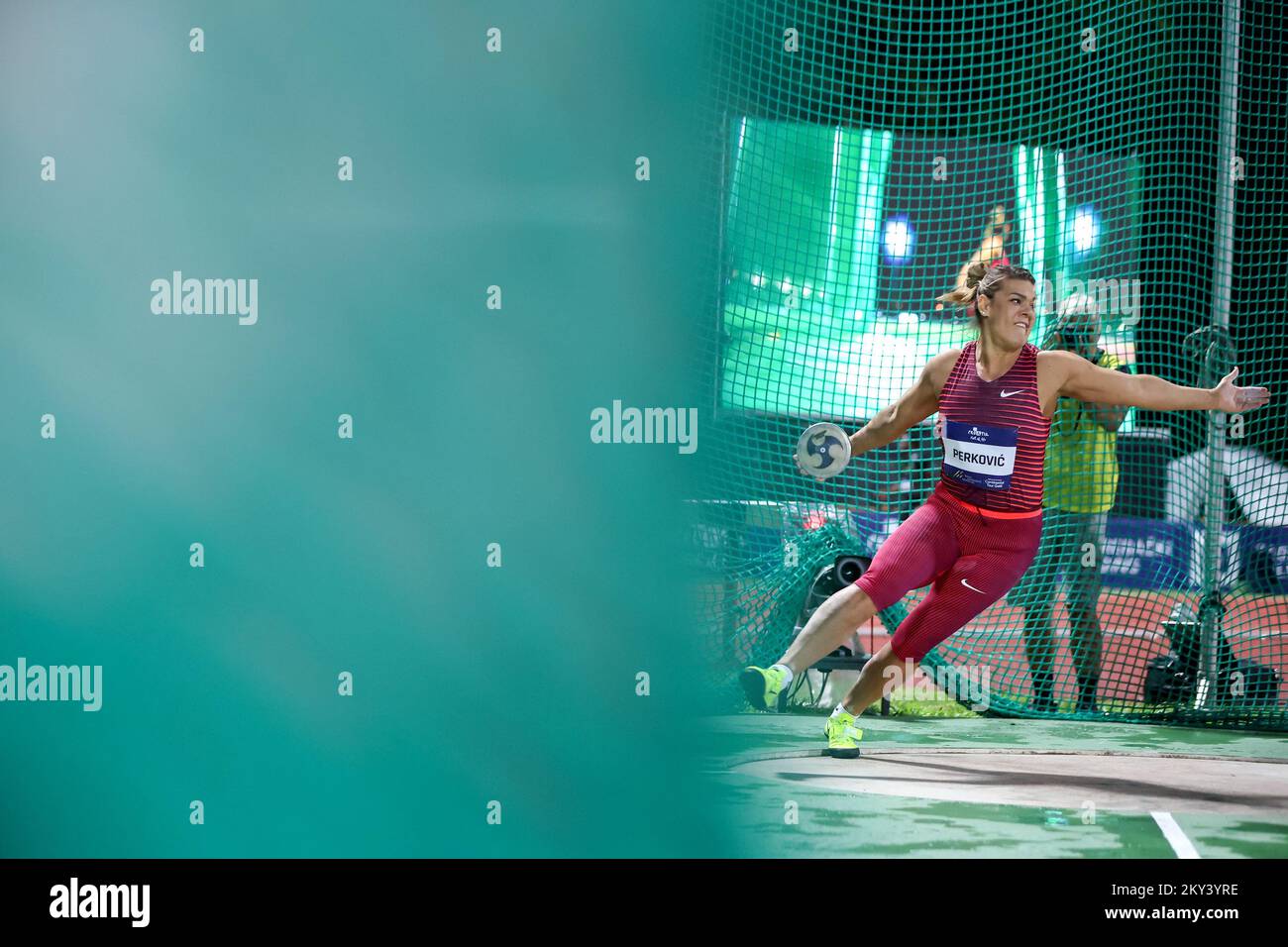 ZAGREB, CROATIA - SEPTEMBER 11: Sandra Perkovic of Croatia competes in ...