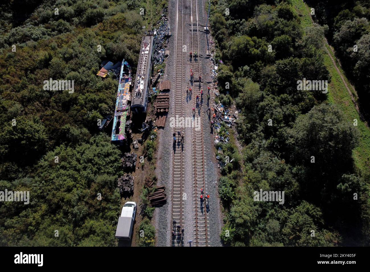 Aerial view shows rescue workers at the crash site where two trains ...