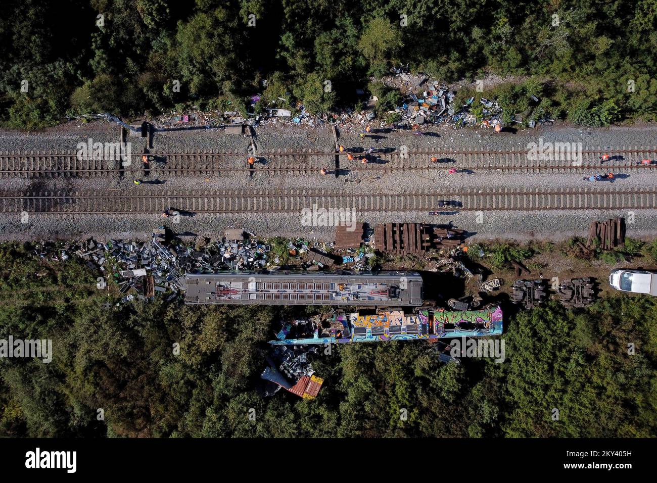 Aerial view shows rescue workers at the crash site where two trains ...