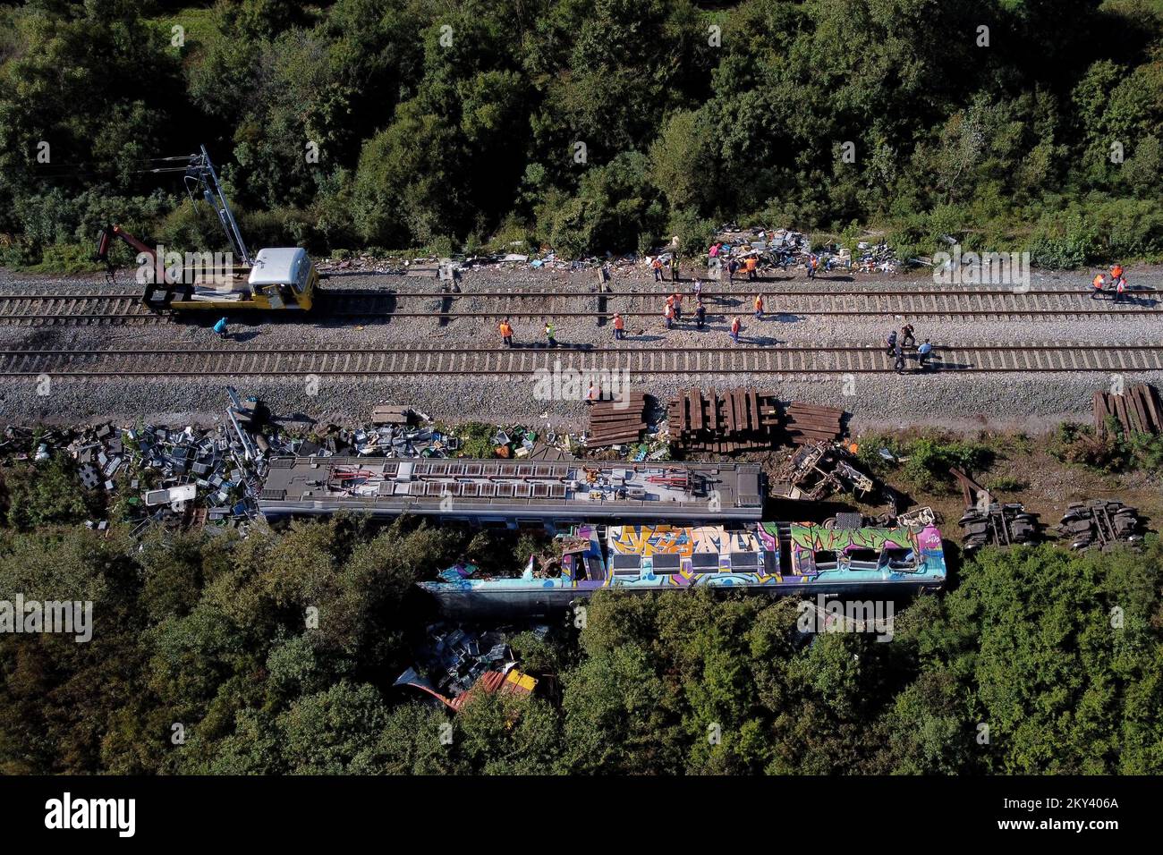 Aerial view shows rescue workers at the crash site where two trains ...