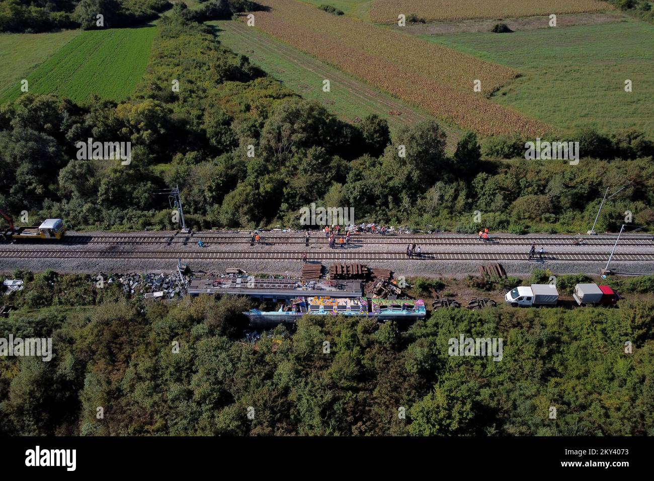 Aerial view shows rescue workers at the crash site where two trains ...