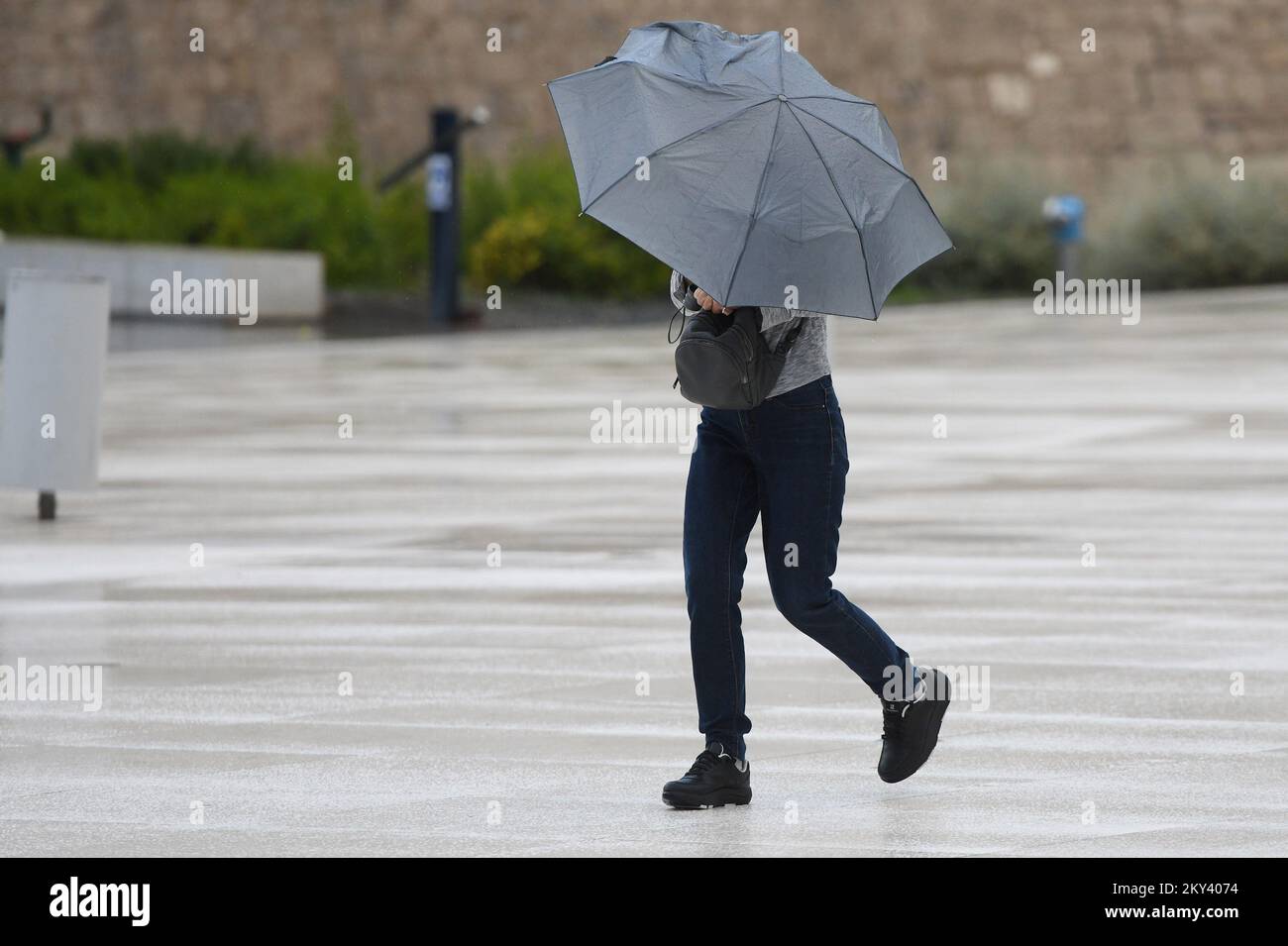 Rainy morning on the city streets in Sibenik, Croatia on September 11 ...