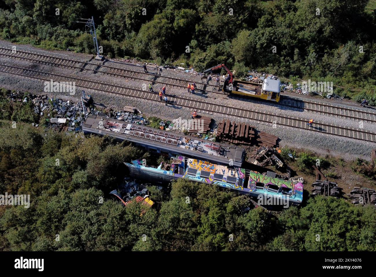Aerial view shows rescue workers at the crash site where two trains ...