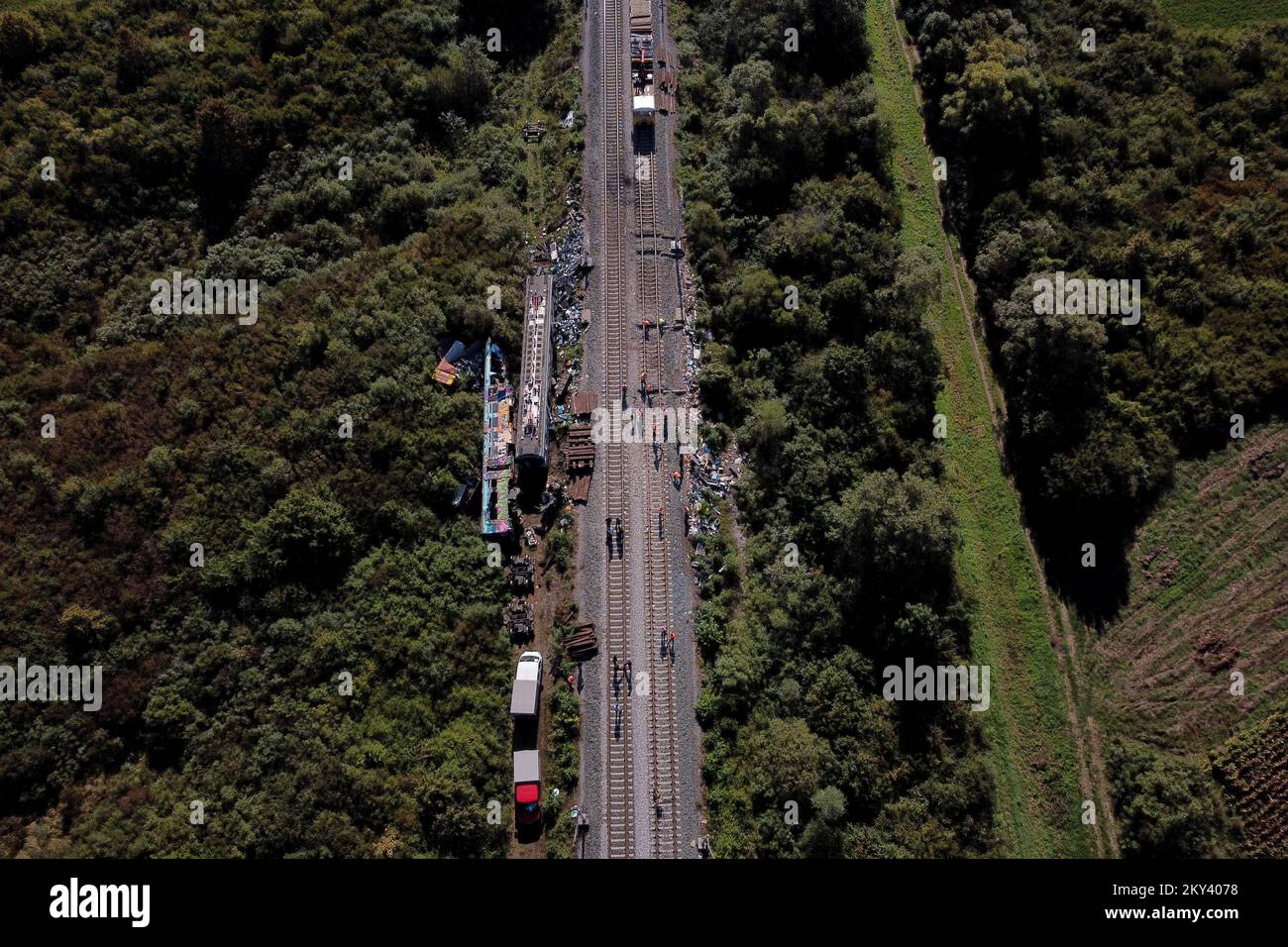 Aerial view shows rescue workers at the crash site where two trains ...