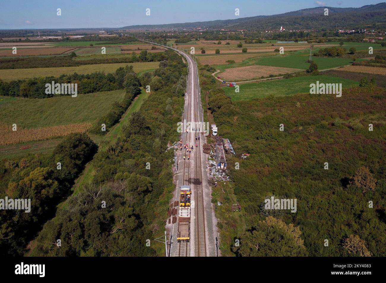Aerial view shows rescue workers at the crash site where two trains ...