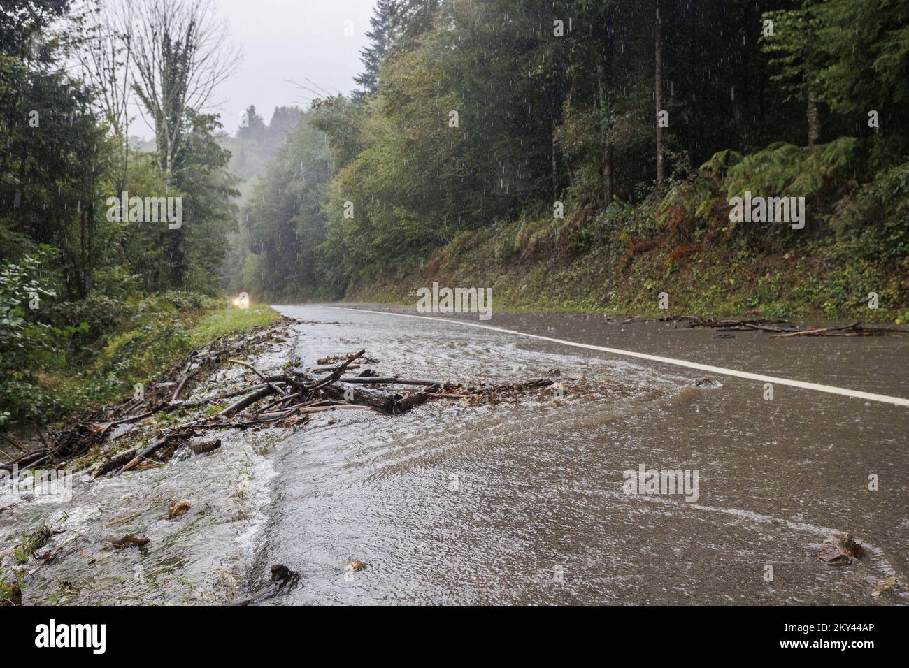 County road closed after landslide due heavy rains, near village Brod ...