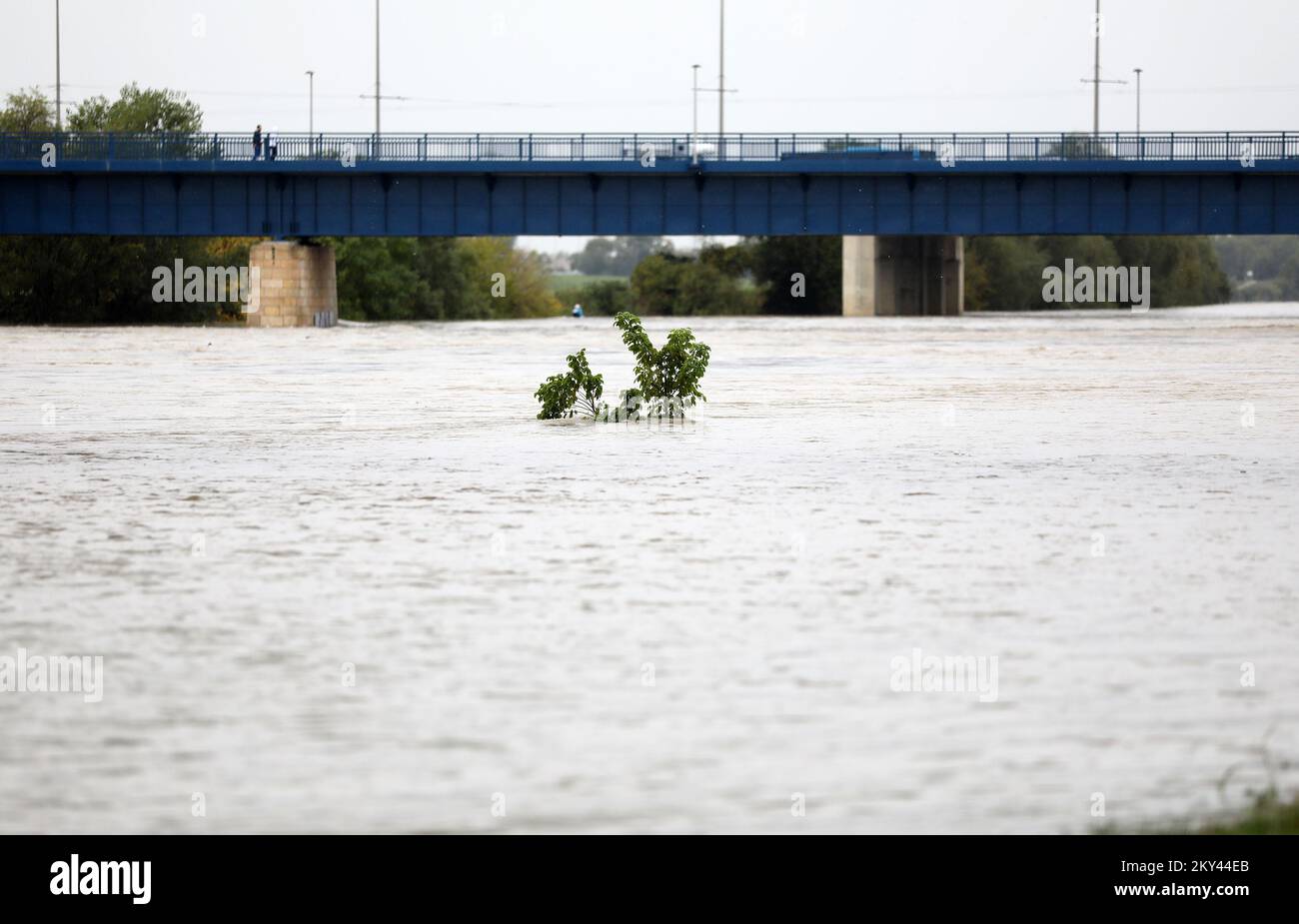 High water level of Sava River after heavy rains, in Zagreb, Croatia ...
