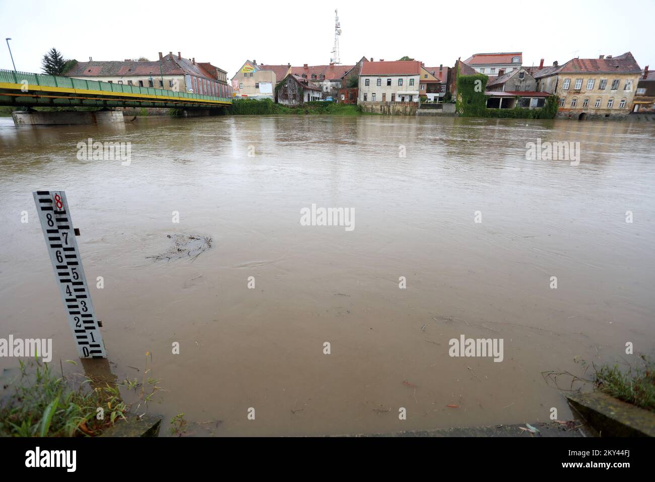 High water level of Kupa River after heavy rains, in Karlovac, Croatia ...