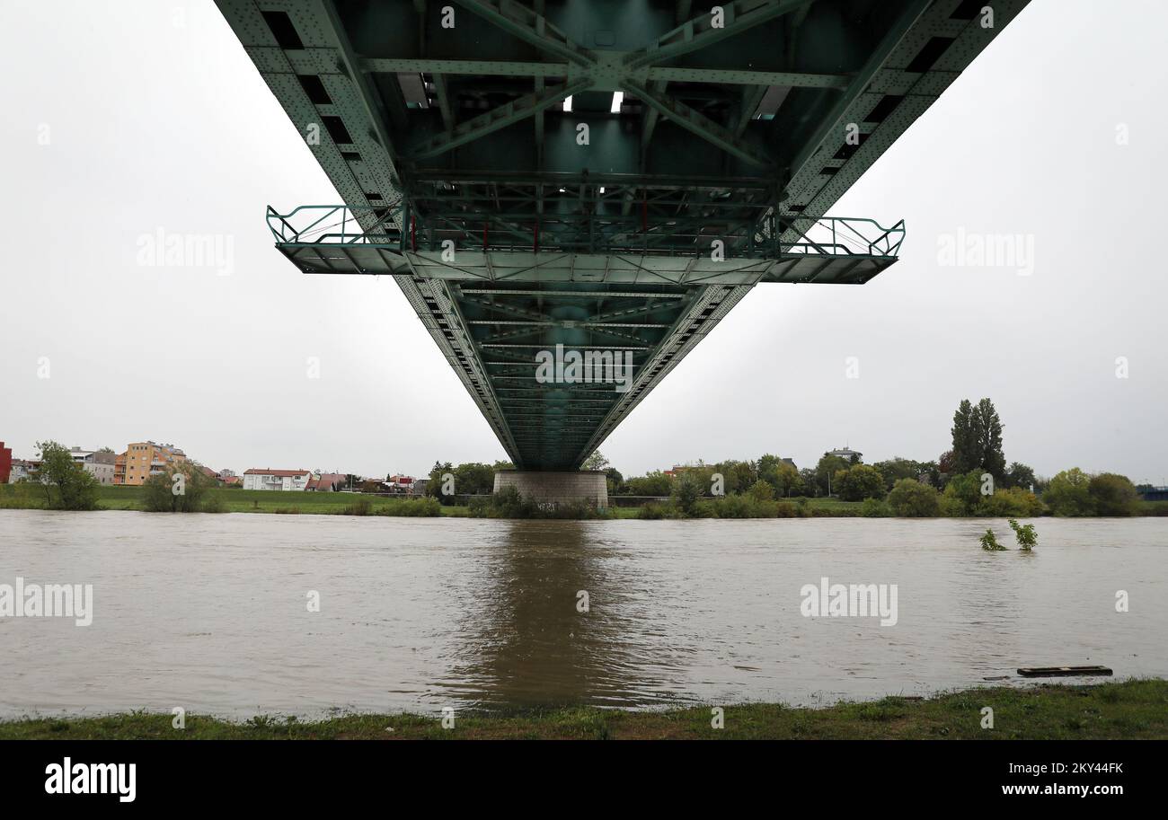 High water level of Sava River after heavy rains, in Zagreb, Croatia ...