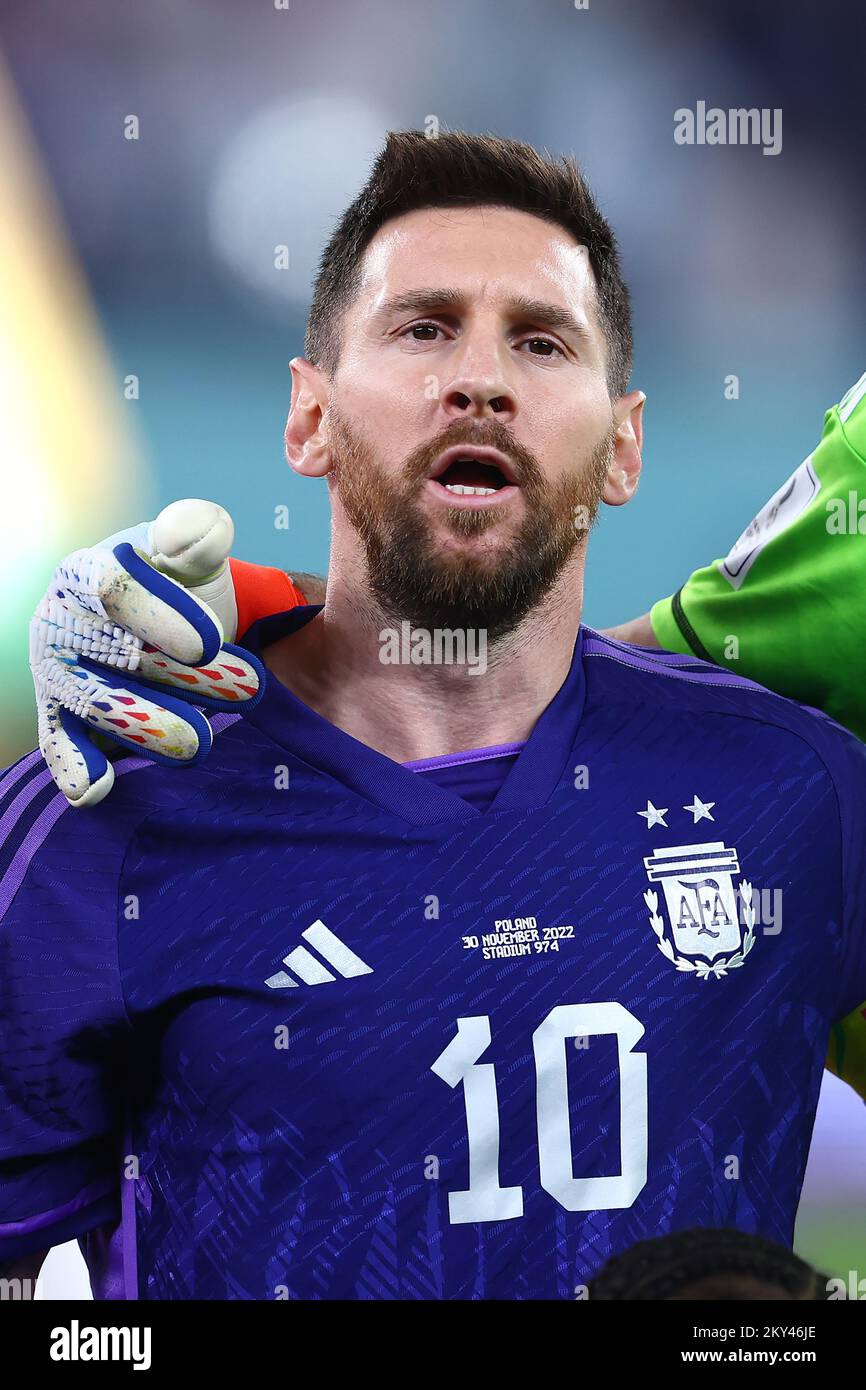 Doha, Qatar. 30th Nov, 2022. Lionel Messi of Argentina sings the ...