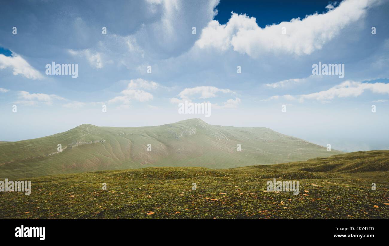 3D rendering. Natural environment of a green island with no trees ...