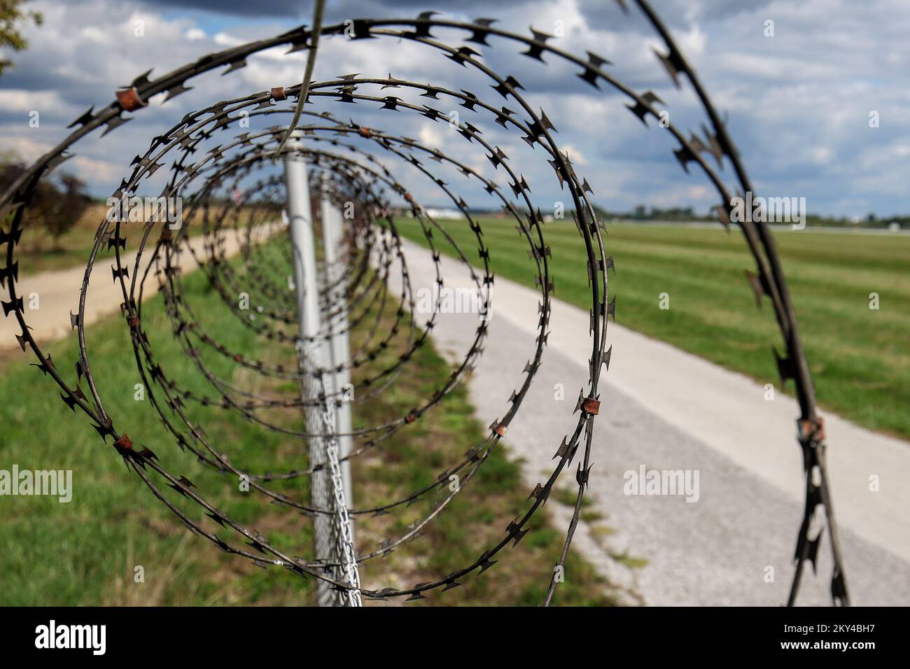 Concertina wire can be seen in the photo in Zagreb, Croatia on ...