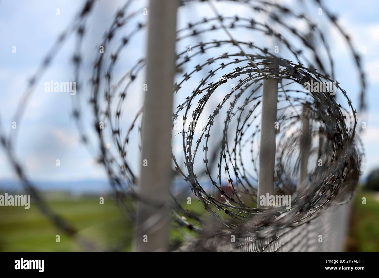 Concertina wire can be seen in the photo in Zagreb, Croatia on ...