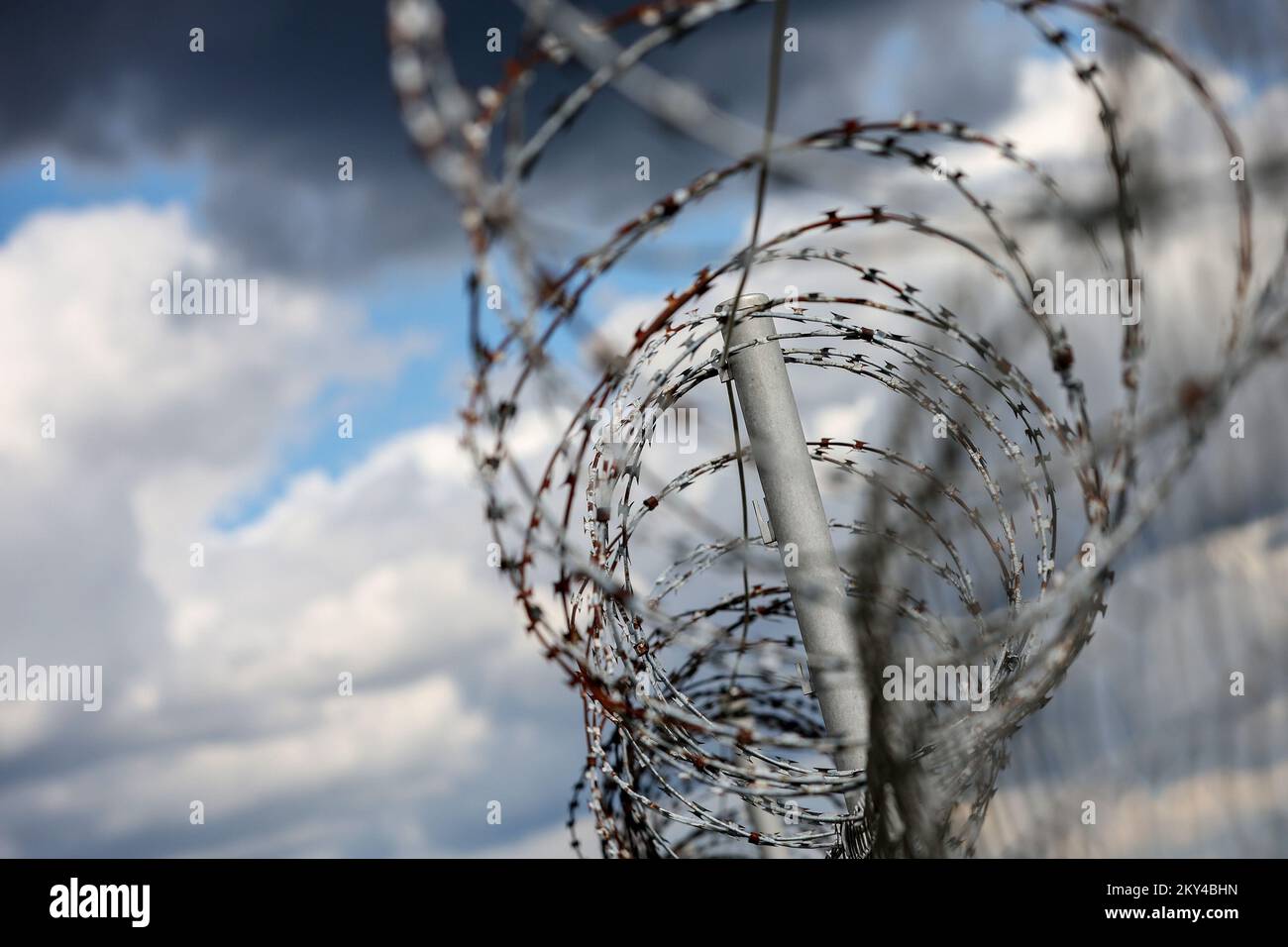Concertina wire can be seen in the photo in Zagreb, Croatia on ...