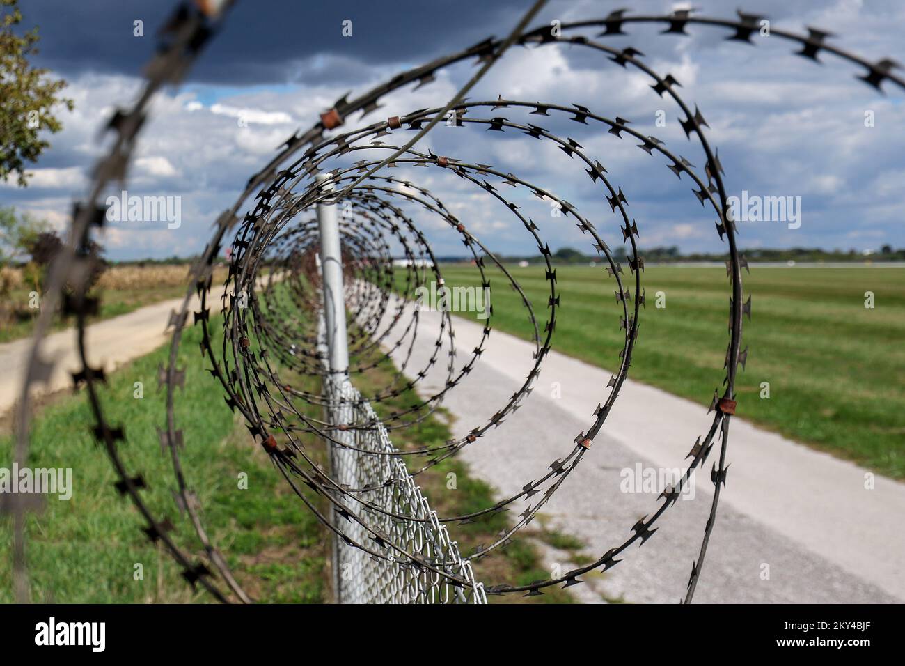 Concertina wire can be seen in the photo in Zagreb, Croatia on ...