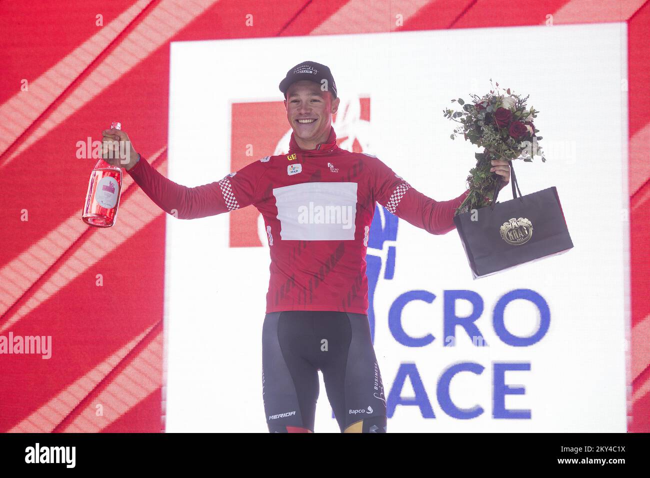 Jonathan Milan celebrates after winning the first stage Osijek-Ludbreg ...