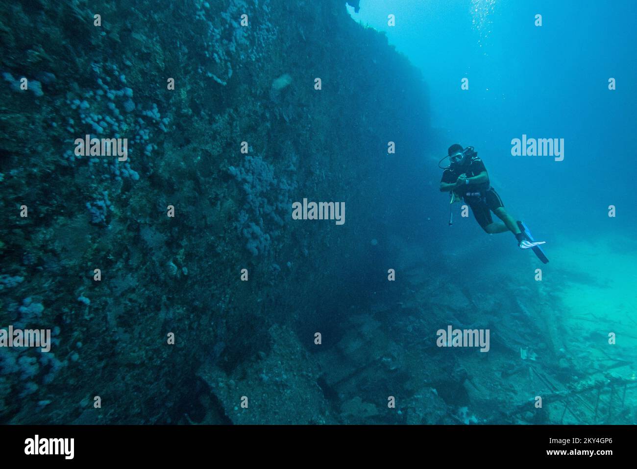 Scuba diver exploring the interior of a shipwreck Chrisoula K on ...