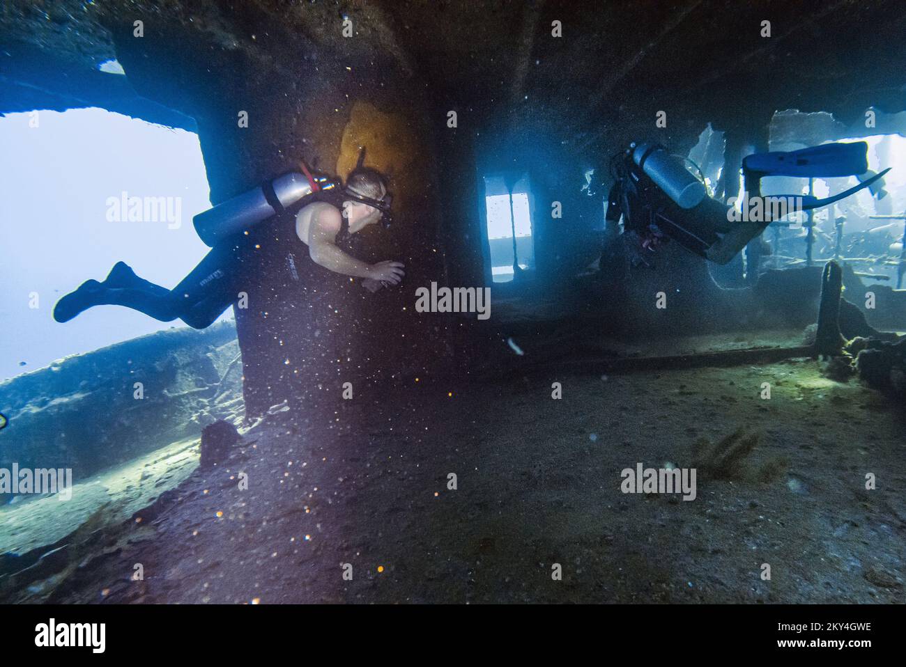 Scuba diver exploring the interior of a shipwreck Chrisoula K on ...