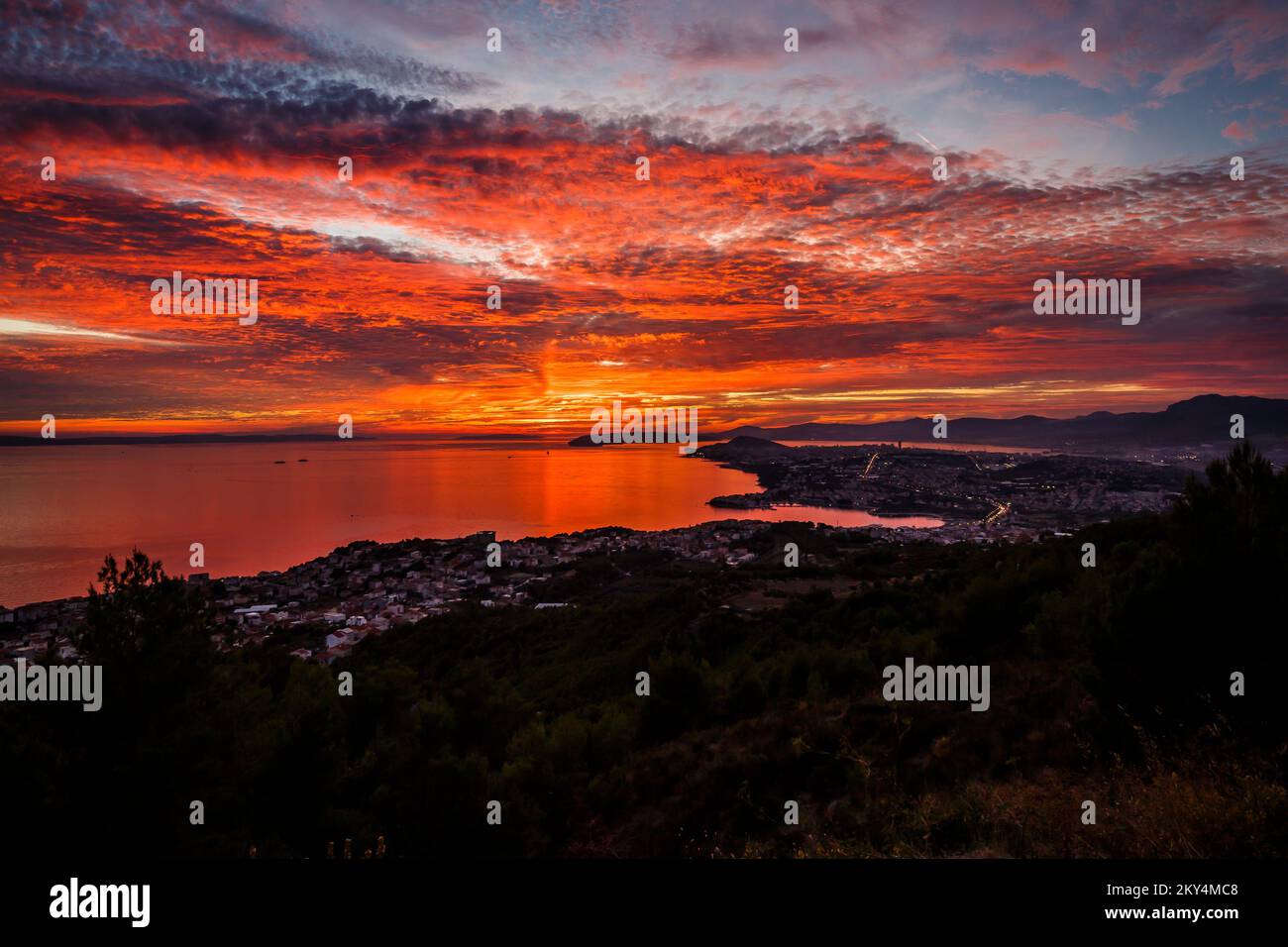 View of Split and its surroundings during sunset from the slopes of ...