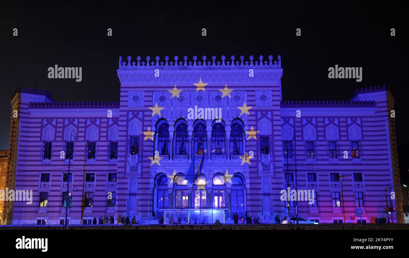 Sarajevo City Hall seen illuminated in the colors of the flag of the ...