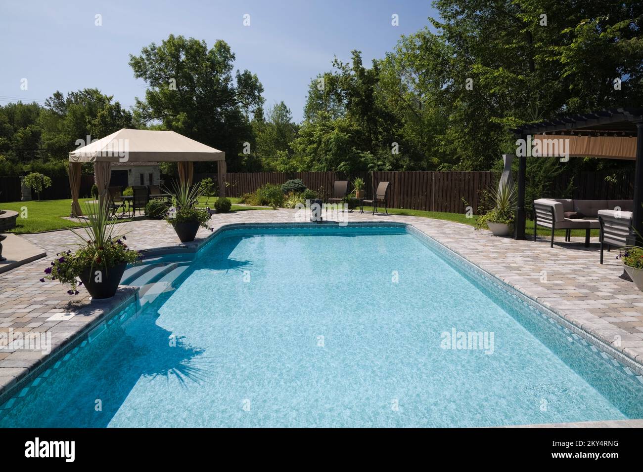 In-ground swimming pool and patio furniture in landscaped residential ...