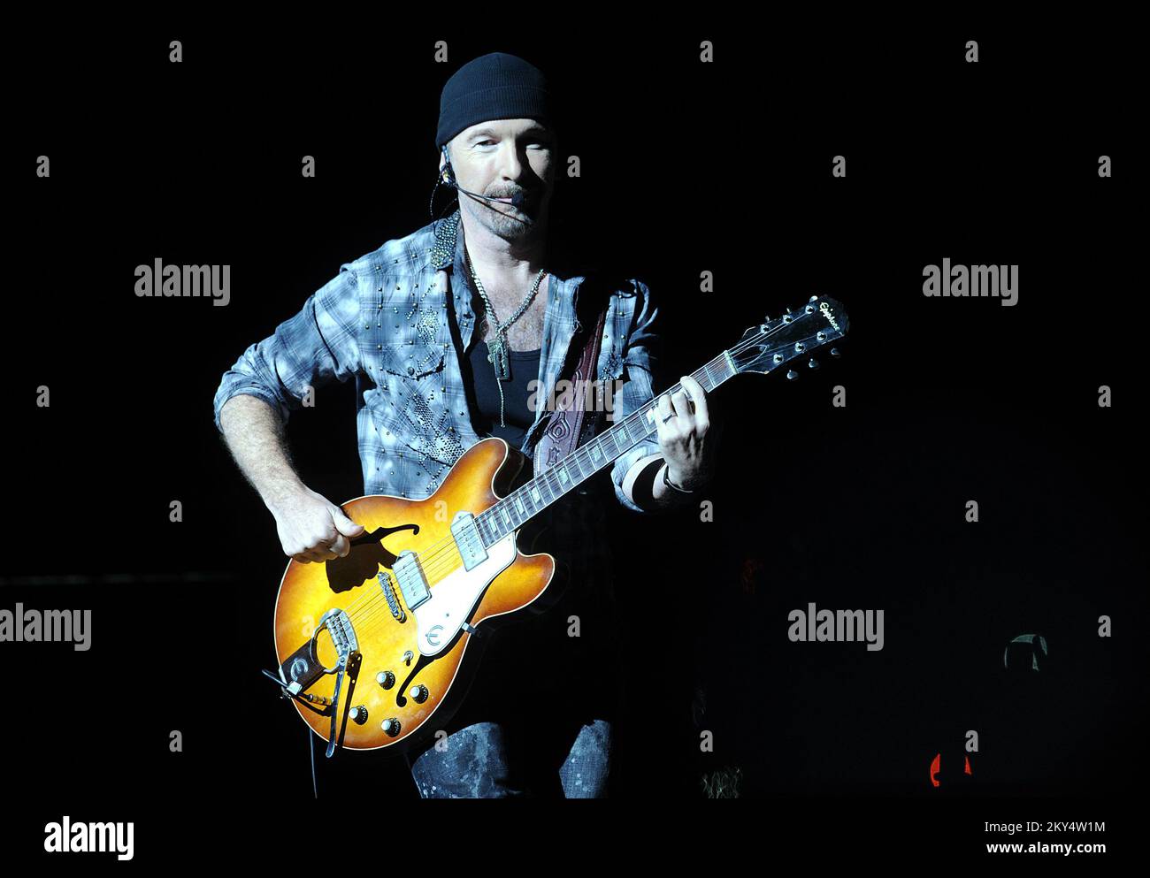 The Edge performing on stage at the Maksimir Stadium in Zagreb Stock ...