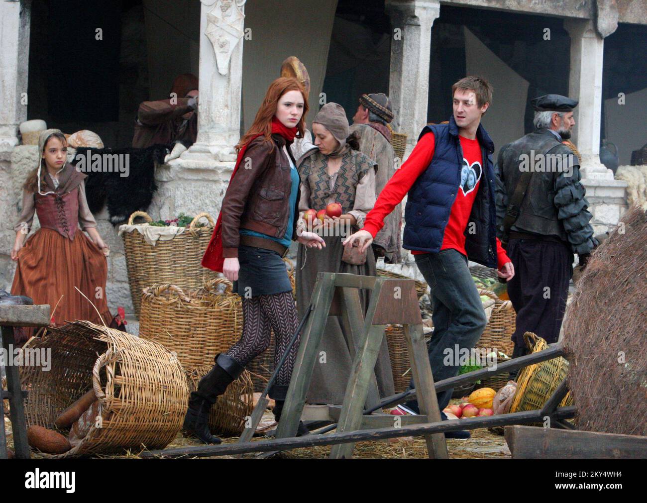 Actors Karen Gillan and Arthur Darvill during filming of the new Doctor ...