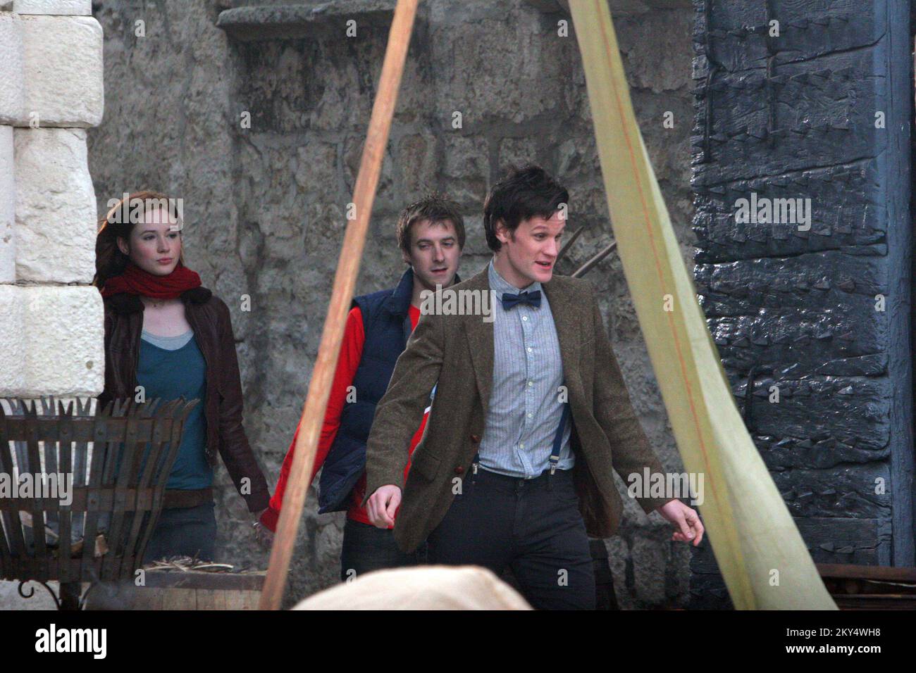 Actors Matt Smith, Karen Gillan and Arthur Darvill during filming of ...