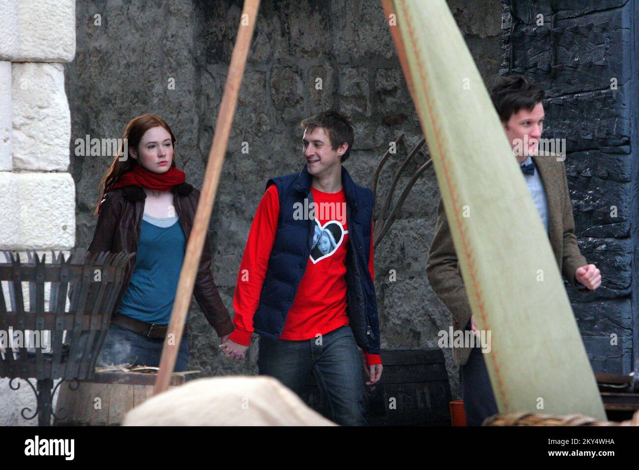 Actors Matt Smith, Karen Gillan and Arthur Darvill during filming of ...